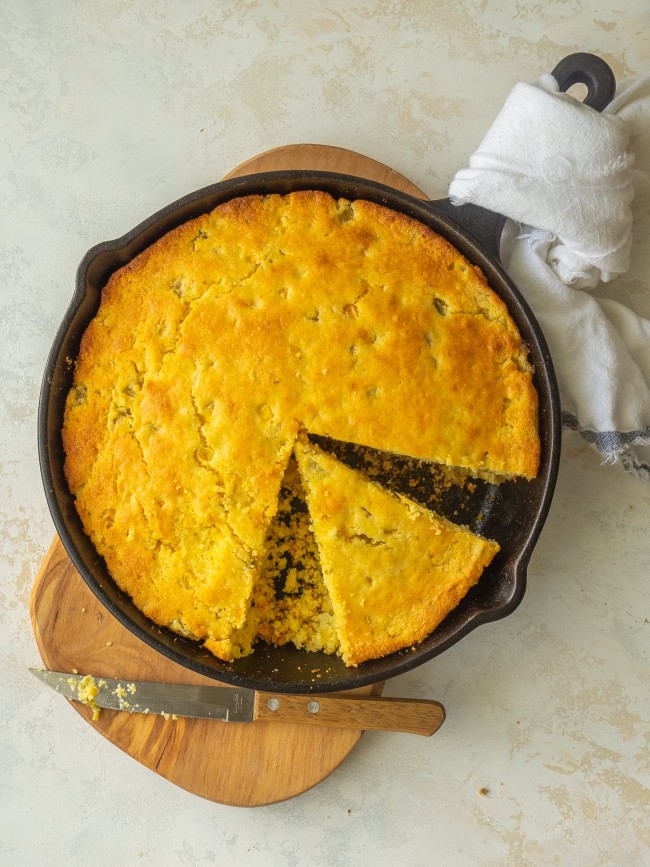 Cast Iron Green Chili Cornbread - Jiffy Cornbread in Cast Iron Skillet