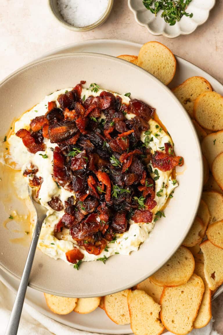 Bacon Wrapped Date Dip with Boursin Cheese and Hot Honey